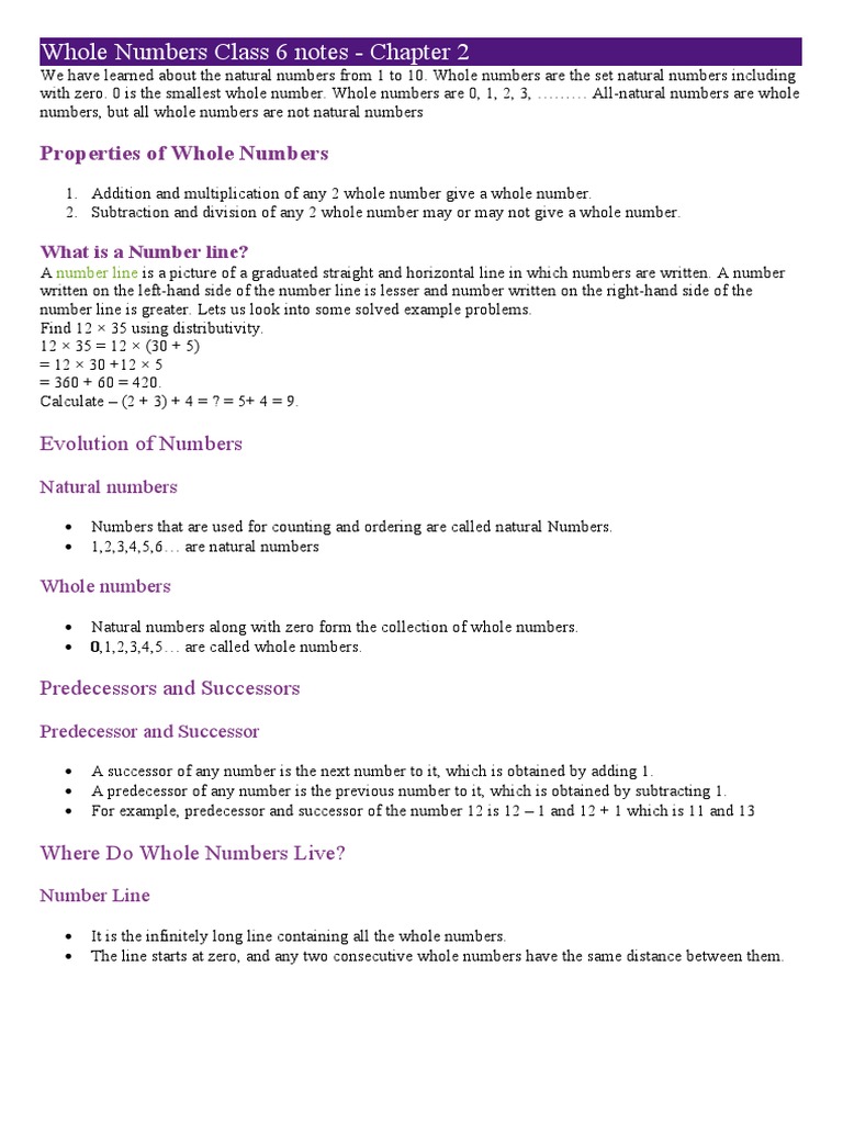Whole Numbers Class 6 Notes | PDF | Multiplication | Natural Number