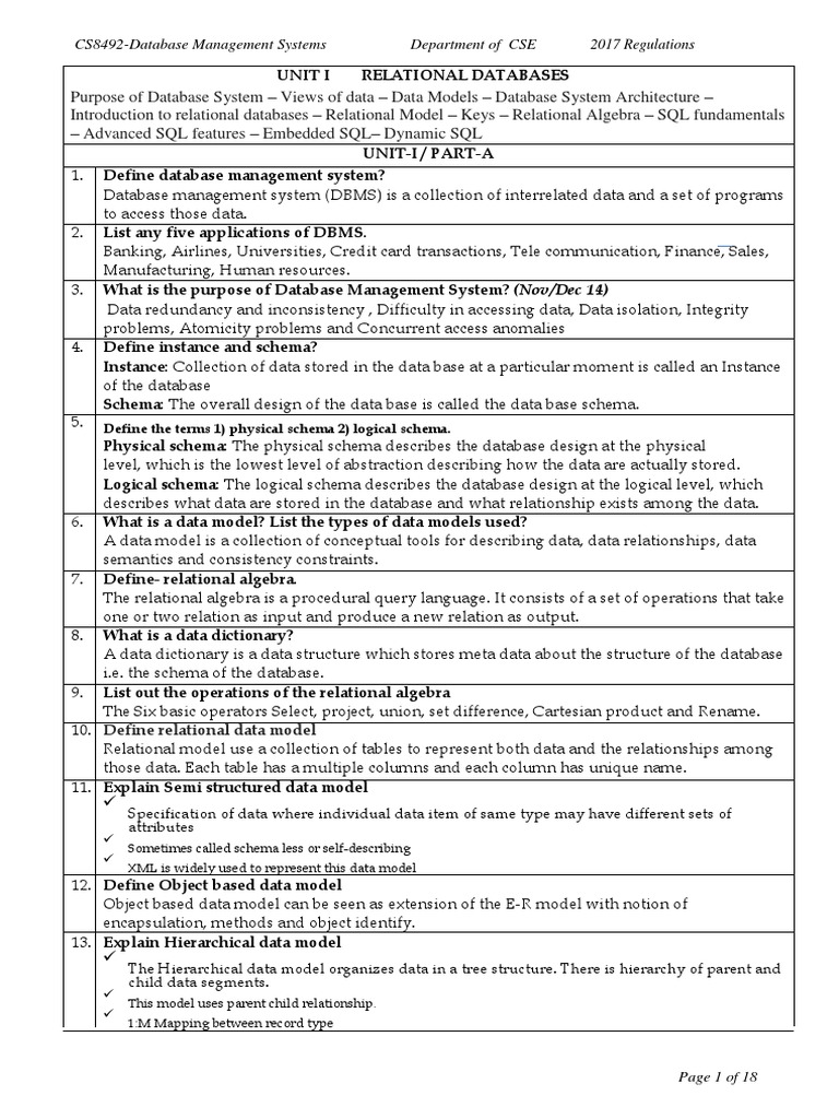 CS8492-Database Management Systems Department of CSE: Relational ... CS8492-Database Management Systems Department of CSE: Relational ...