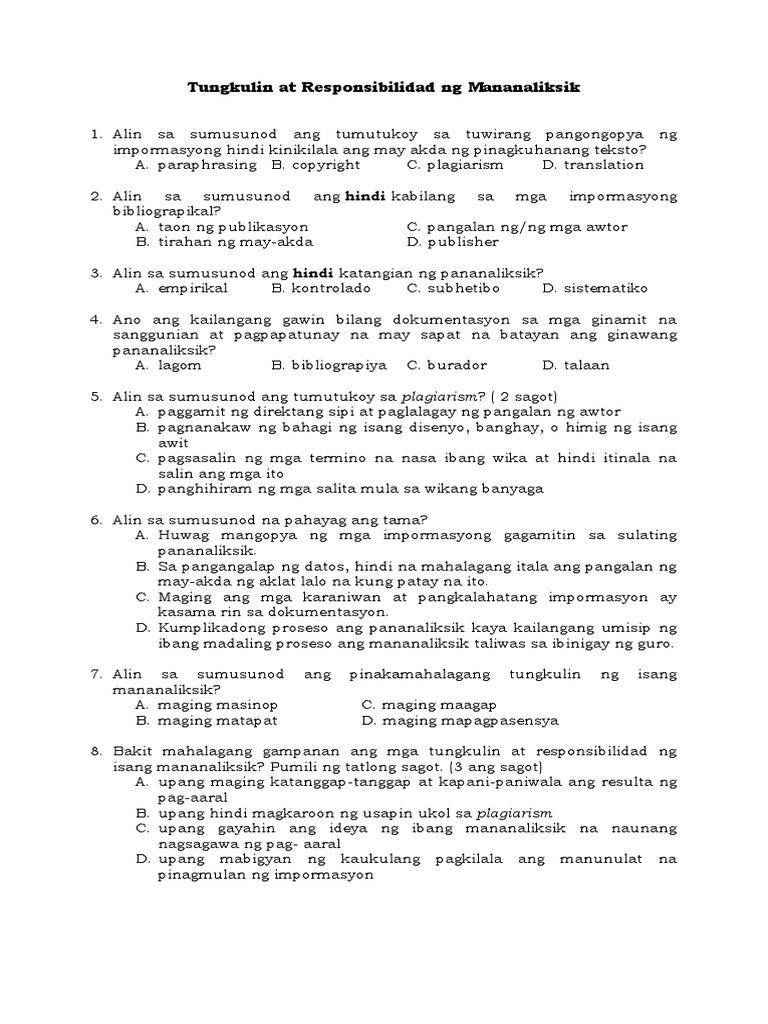 Tungkulin at Responsibilidad NG Mananaliksik - Pagsusulit | PDF