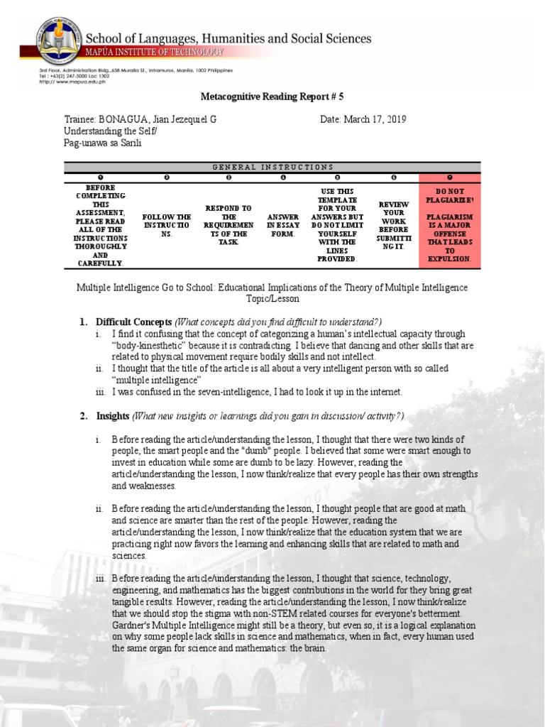 Metacognitive Reading Report # 5: General Instructions | PDF | Science ...