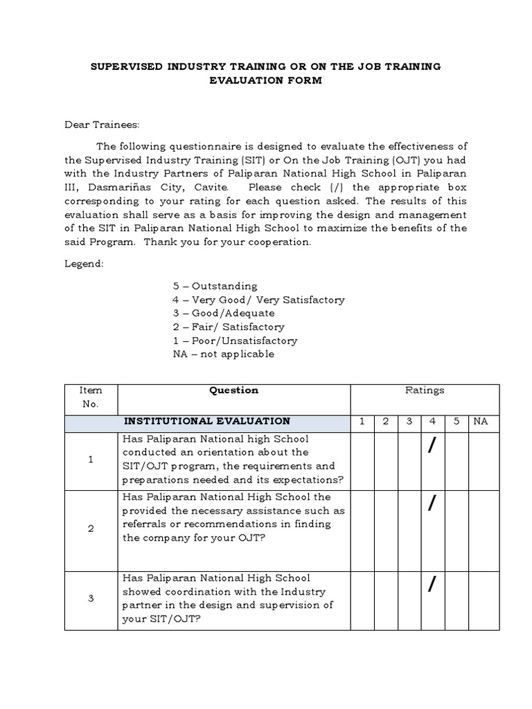 Supervised Industry Training or On The Job Training Evaluation Form ...