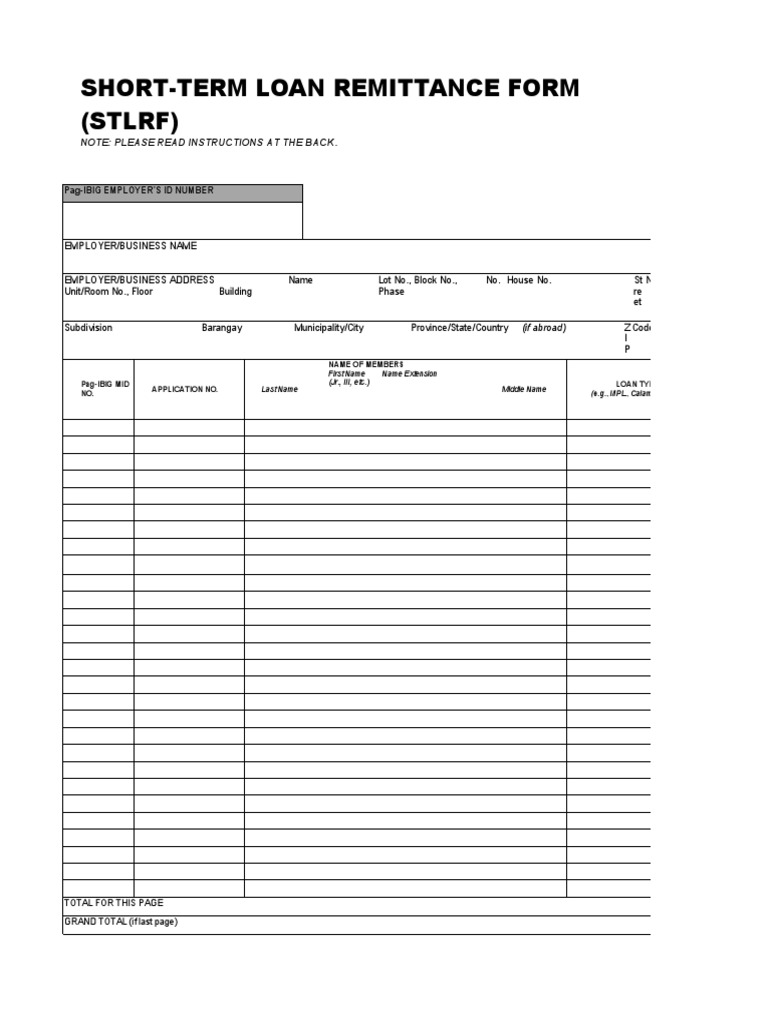 Short-Term Loan Remittance Form (STLRF) : Pag-Ibig Employer'S Id Number ...
