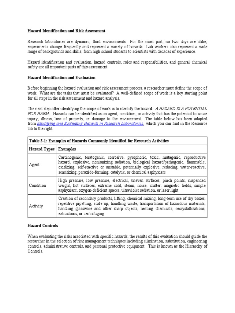 Hazard Identification and Risk Assessment | PDF | Laboratories ...