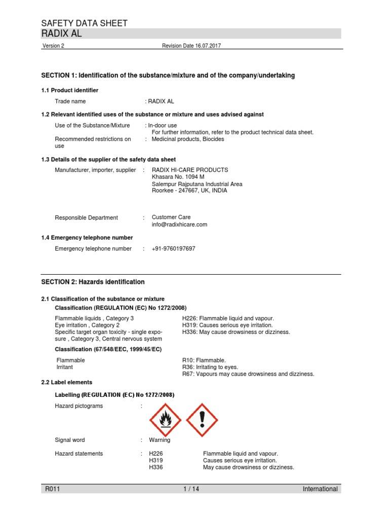 Msds - Radix Al (Handrub) - 1 | PDF | Toxicity | Prevention