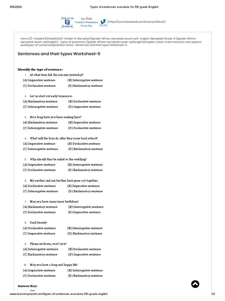 Types of Sentences Exercises For 5th Grade English Worksheet 5, PDF ...