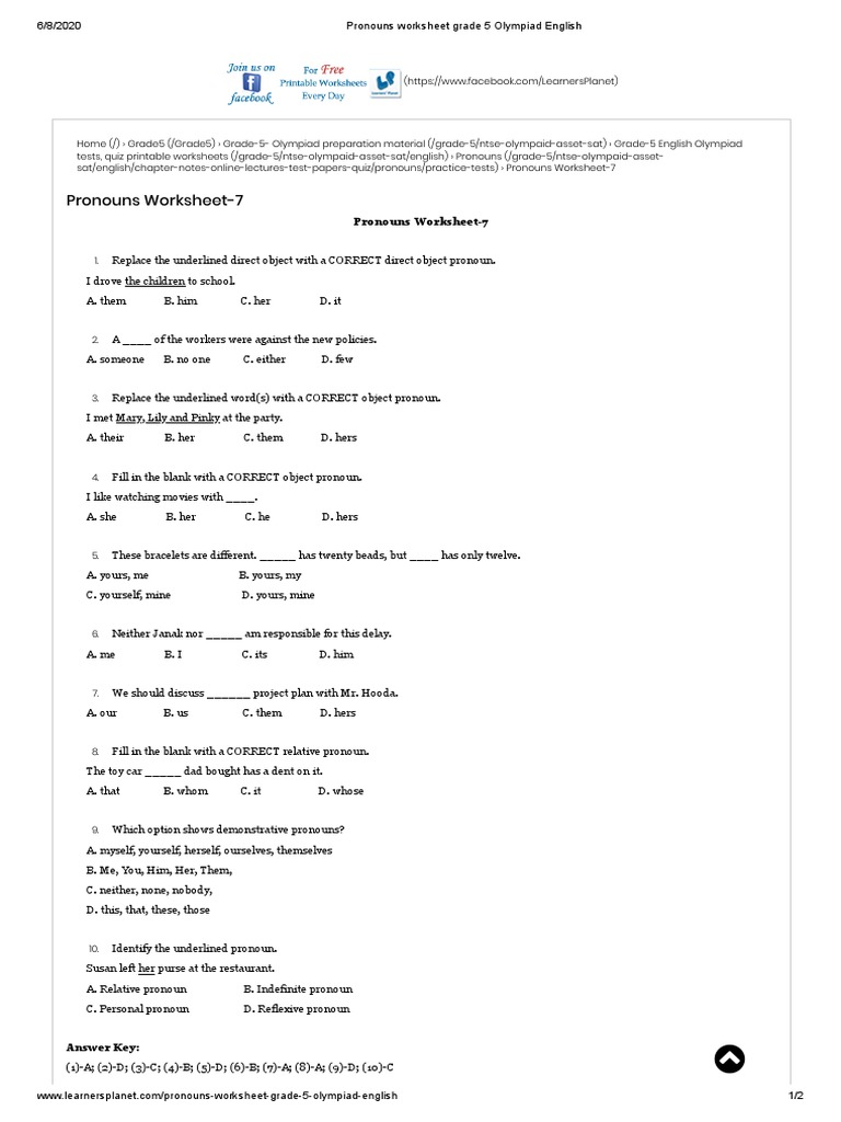 Pronouns Worksheet Grade 5 Olympiad English | Download Free PDF ...
