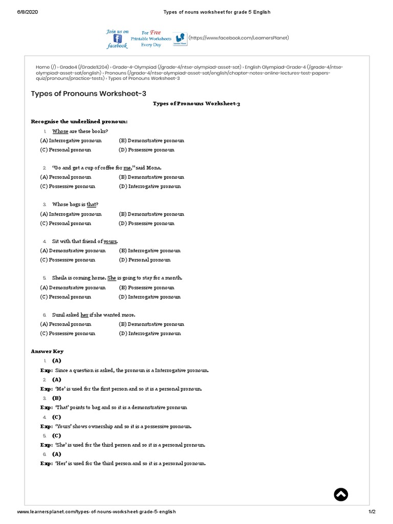 Types of Nouns Worksheet For Grade 5 English | PDF | Pronoun | Syntax