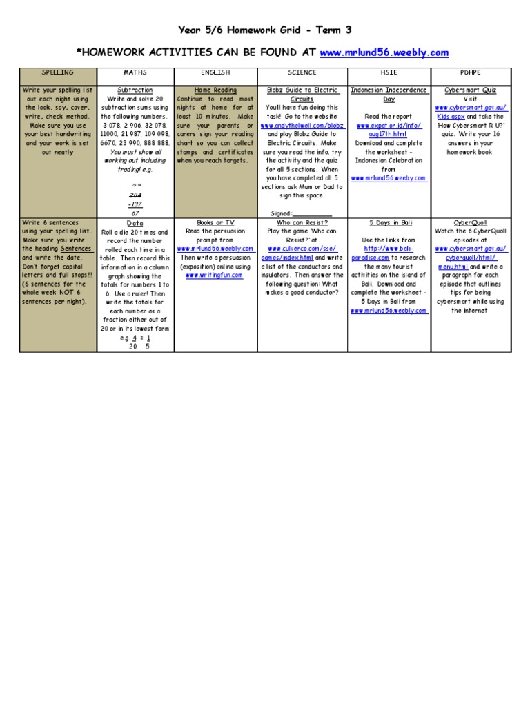 Year 5 - 6 Homework Grid Term 3 | PDF