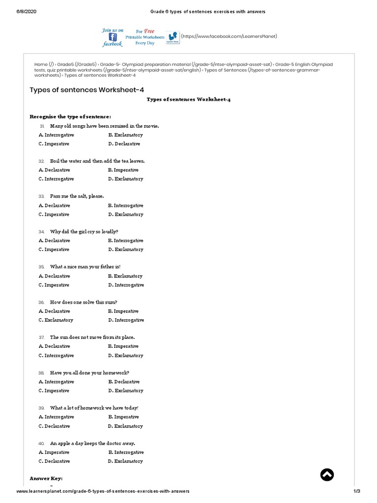 Grade 6 Types of Sentences Exercises With Answers | Download Free PDF ...