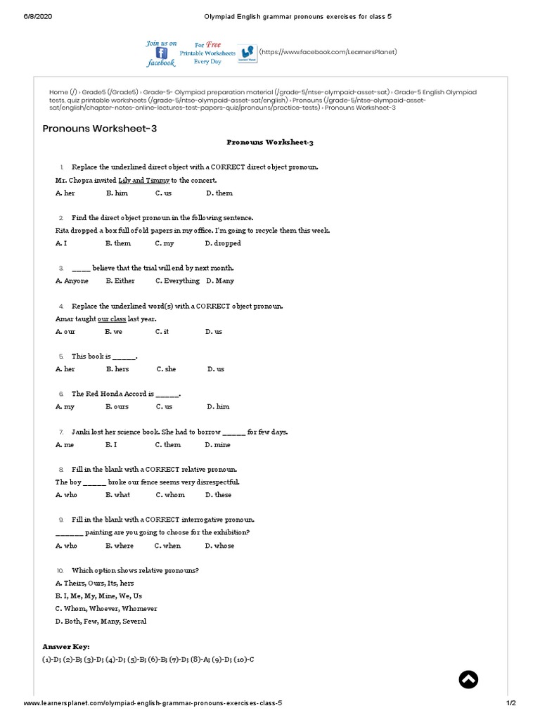 Olympiad English Grammar Pronouns Exercises For Class 5 | PDF | Pronoun ...