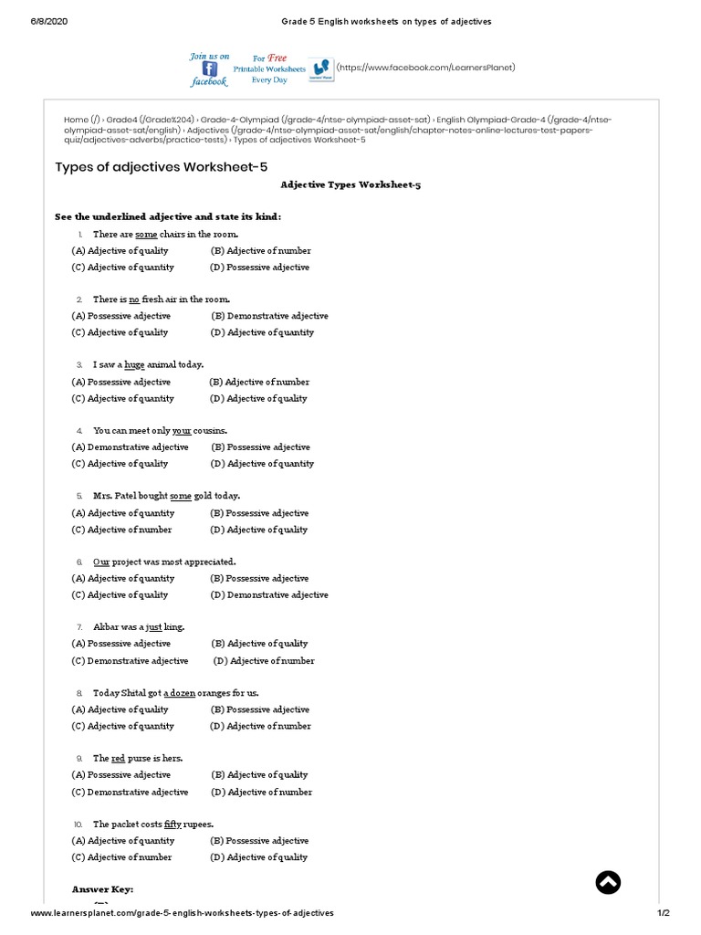 Grade 5 English Worksheets On Types of Adjectives | PDF | Semantics ...