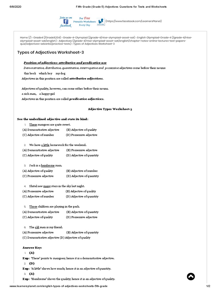 Fifth Grade (Grade 5) Adjectives Questions For Tests and Worksheets ...