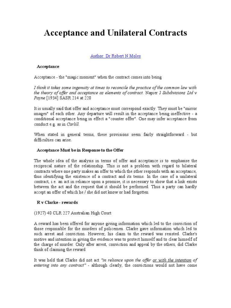 Acceptance and Unilateral Contracts | Offer And Acceptance | Legal Concepts