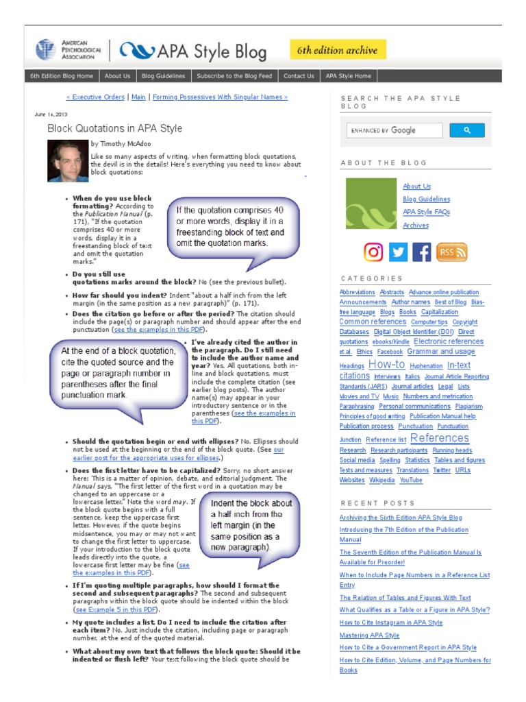 Block Quotations in APA Style: How-To | Download Free PDF | Apa Style ...