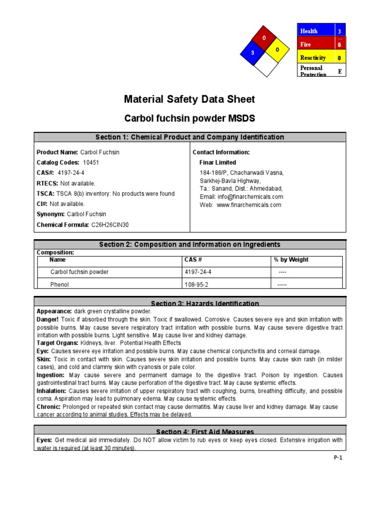 Material Safety Data Sheet: Carbol Fuchsin Powder MSDS | PDF ...