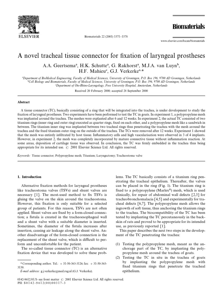 Tracheal Tissue Connector for Laryngeal Prostheses | PDF | Tissue ...