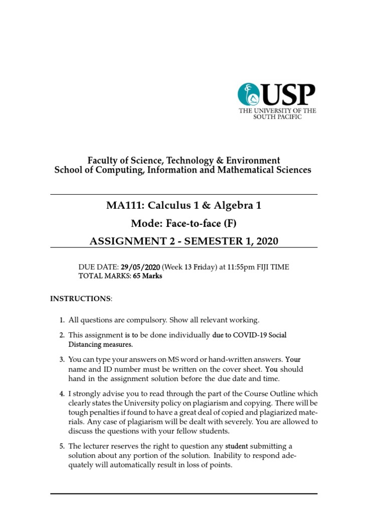 MA111 Assignment 2 Face-To-Face S1 2020 | PDF | Maxima And Minima ...