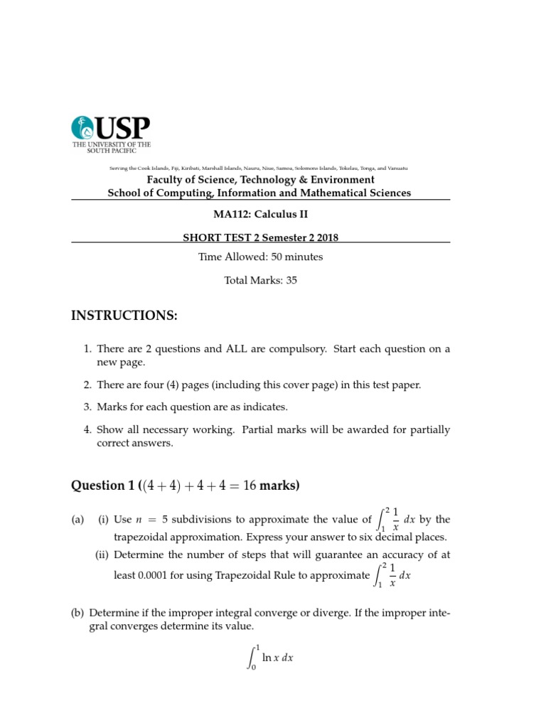 MA112 Test 2 Semester 2 2018 | PDF | Teaching Mathematics ...