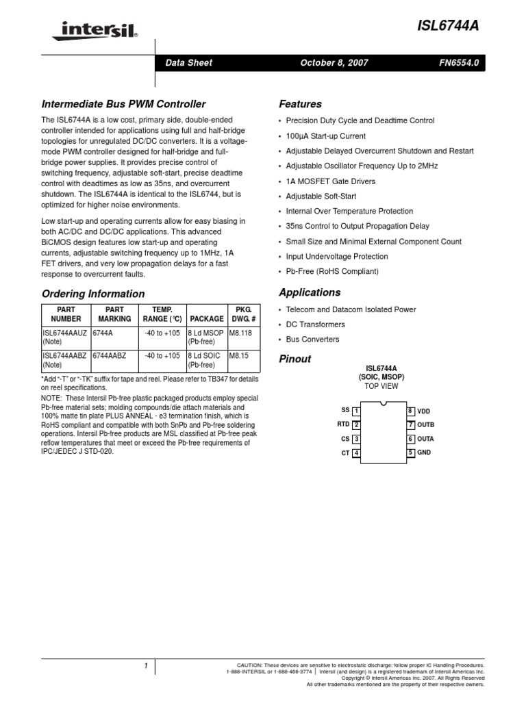 Intermediate Bus PWM Controller Features: ISL6744A | PDF | Capacitor ...