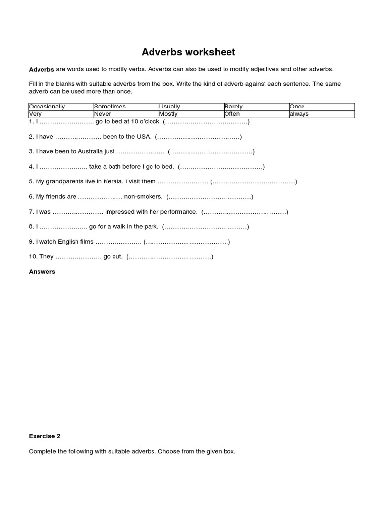 Adverbs Worksheet | PDF | Adverb | Linguistic Typology
