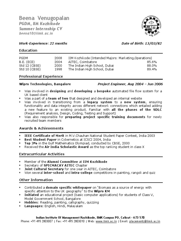 Beena Venugopalan: PGDM, IIM Kozhikode Summer Internship CV | Download ...