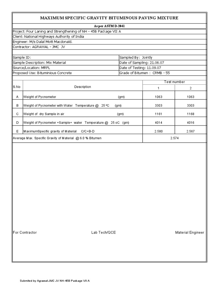 Maximum Specific Gravity Bituminous Paving Mixture: As Per ASTM D-2041 | PDF | Asphalt | Density