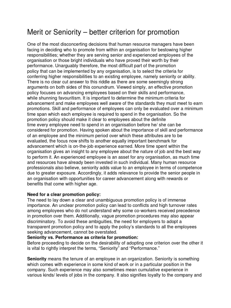 Merit or Seniority - Better Criterion For Promotion | Download Free PDF ...