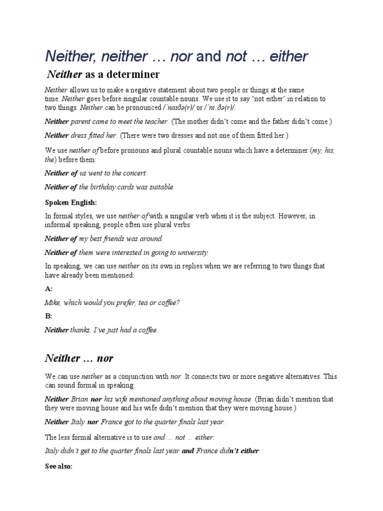 Neither, Neither Nor and Not Either: Neither As A Determiner | PDF ...
