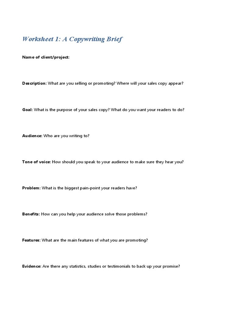 Worksheet 1 Copywriting Brief PDF | PDF
