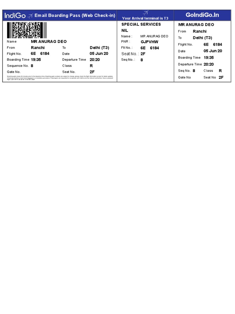 IndiGo Flight 6E6184 Boarding Pass | PDF | Airlines | Aviation