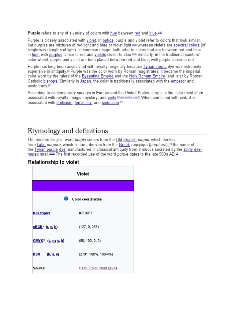 Etymology and Definitions: Relationship To Violet | PDF | Color | Light