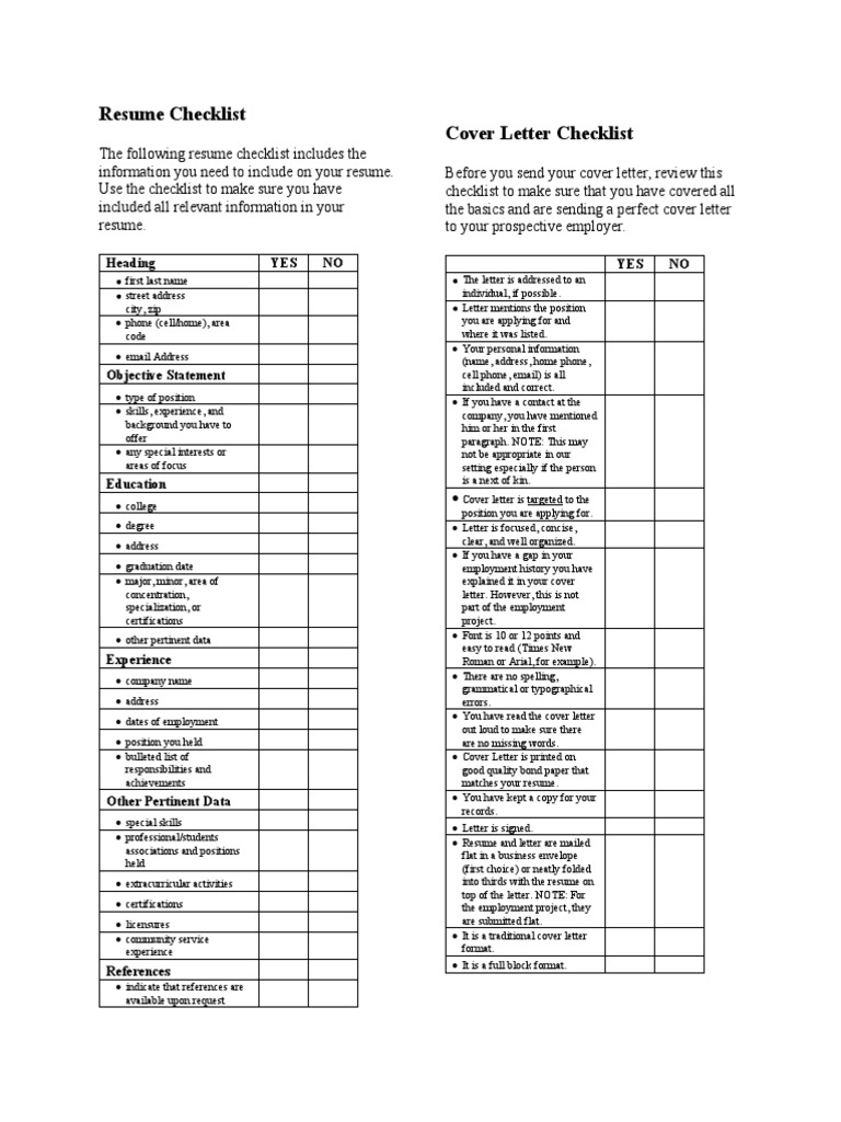 Resume Checklist Cover Letter Checklist: Heading YES NO YES NO | PDF ...