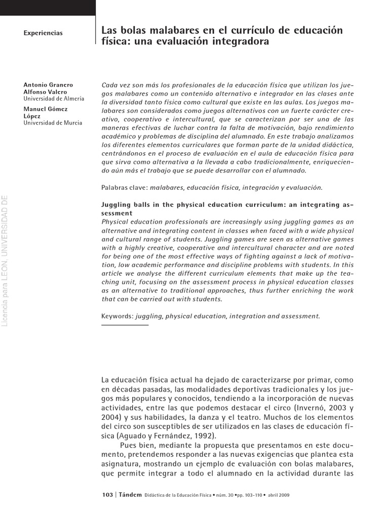 Las Bolas Malabares en El Curriculum de Educacion Fisica Una Evaluacion Integradora PDF | PDF ...