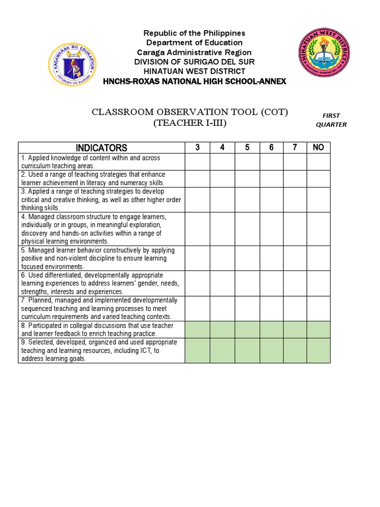 COT (Class Observation Tool) | PDF | Learning | Curriculum