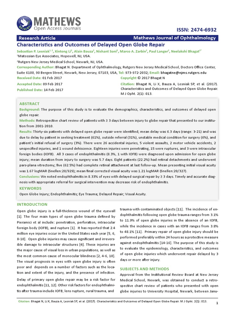Characteristics and Outcomes of Delayed Open Globe Repair Fix | PDF ...
