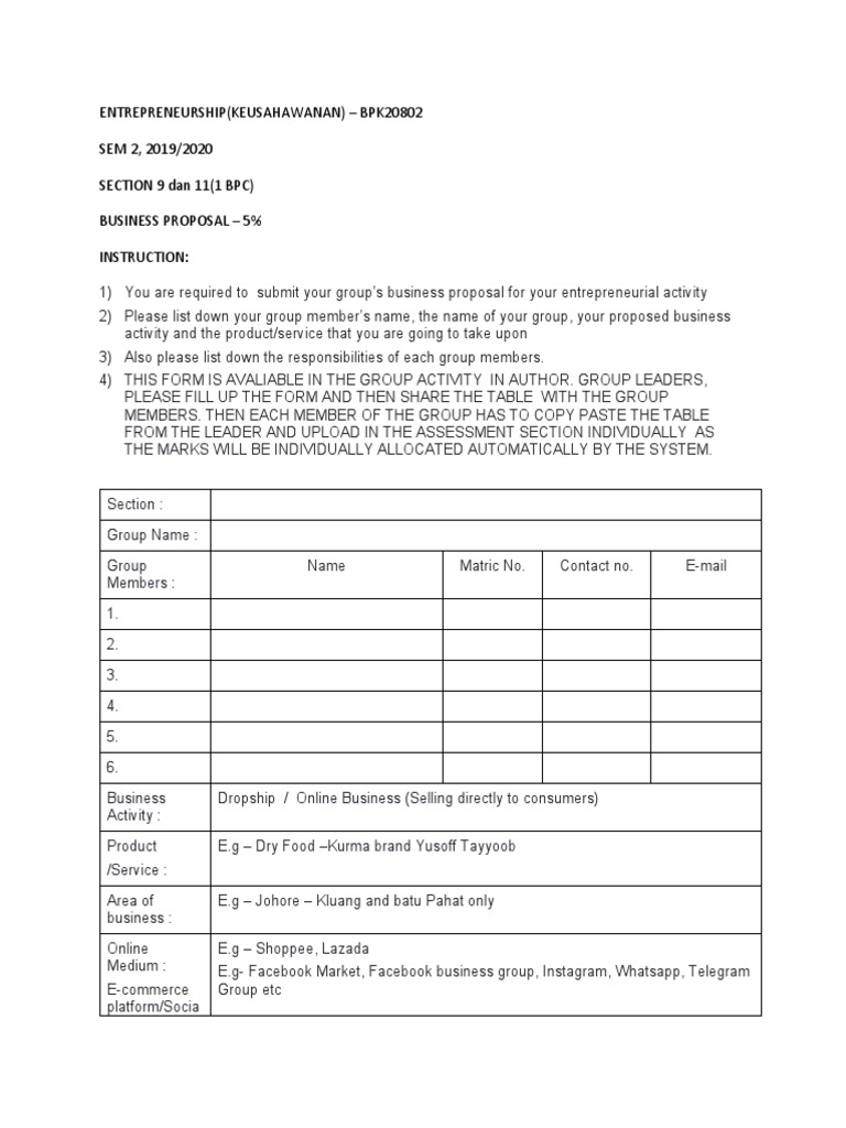 Entrepreneurship (Keusahawanan) - Bpk20802 SEM 2, 2019/2020 SECTION 9 Dan 11 (1 BPC) Business ...