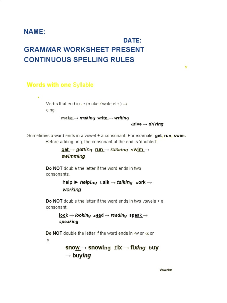 Gram Ar Worksheet Present Continuous Spelling Rules: Name | PDF