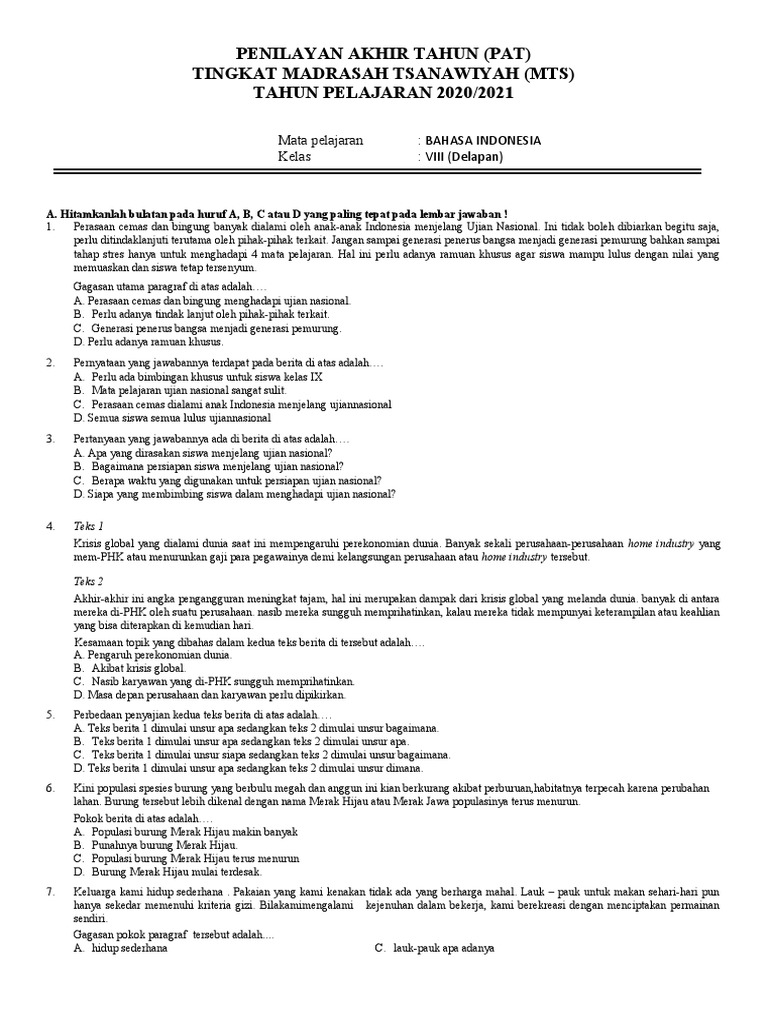 Soal PAT B.Indo Kelas 8 K13 | PDF