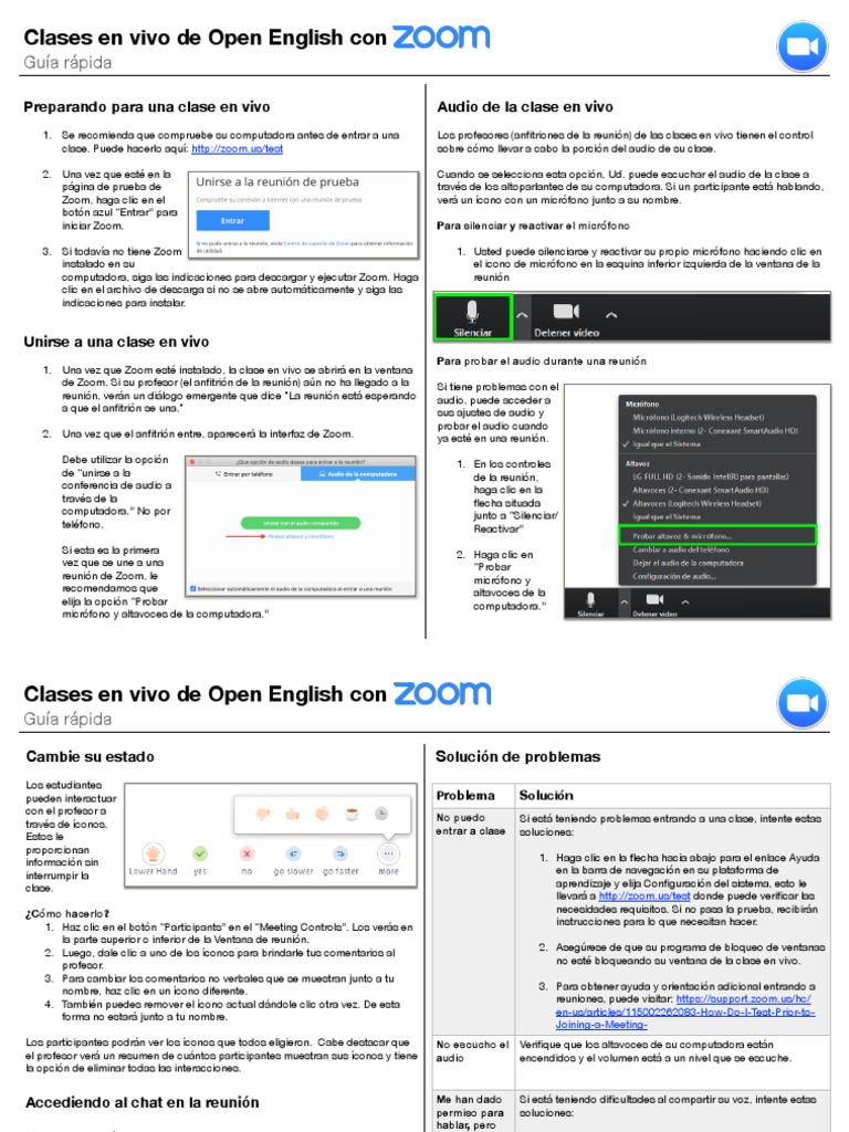 Open English Zoom Quick Start Guide - Es - V3 | PDF | Chat en linea ...