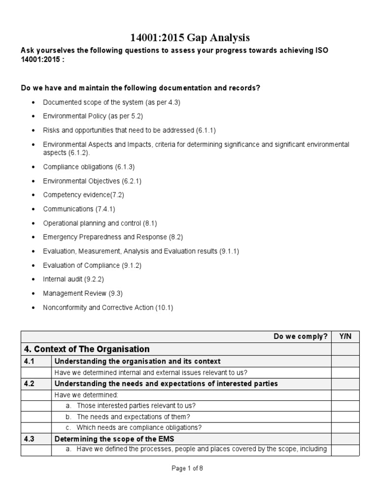 Gap Analysis ISO 14001-2015 | PDF | Regulatory Compliance | Audit