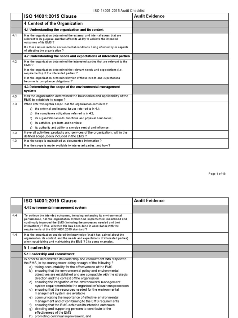 Internal Audit Checklist Questions - EMS | PDF | Regulatory Compliance ...