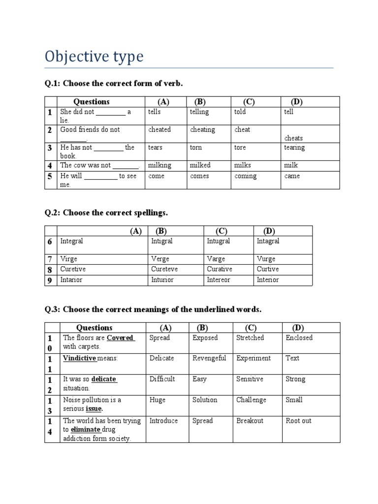 Objective Type: Q.1: Choose The Correct Form of Verb. Questions (A) (B ...