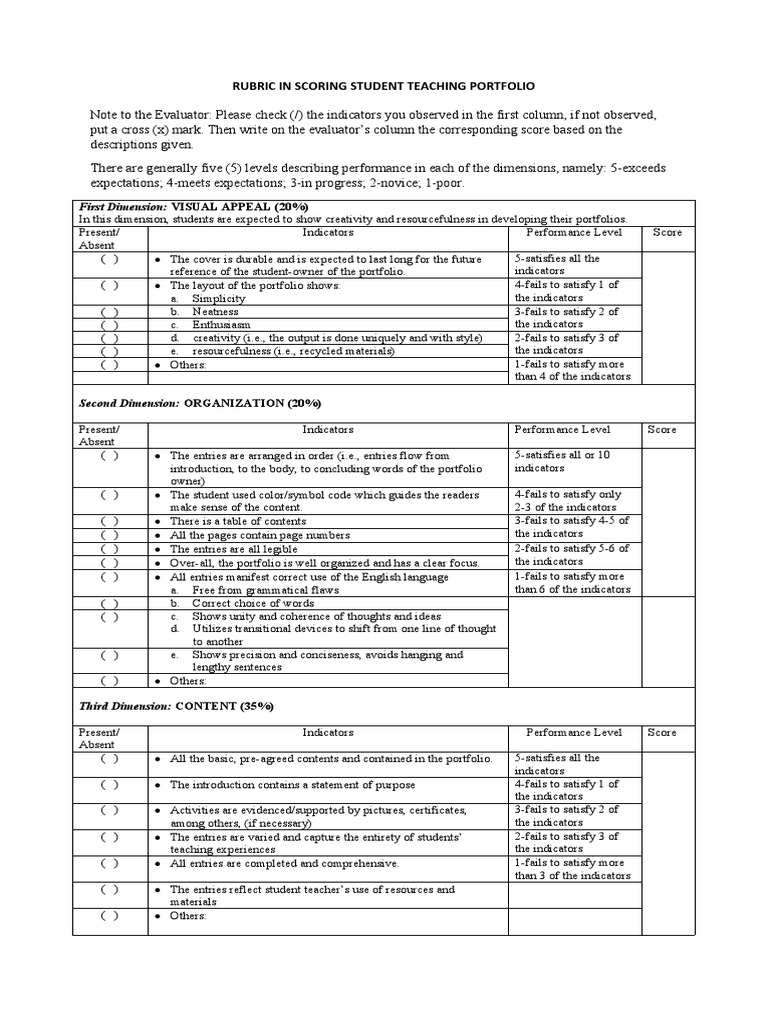 Student Teaching Portfolio Scoring Rubric | PDF | Rubric (Academic) | Cognition