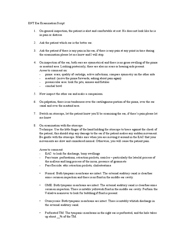 ENT Ear Examination Script | PDF | Ear | Senses