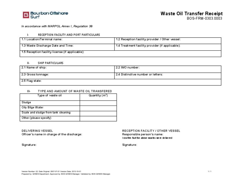 Waste Oil Transfer Receipt | PDF
