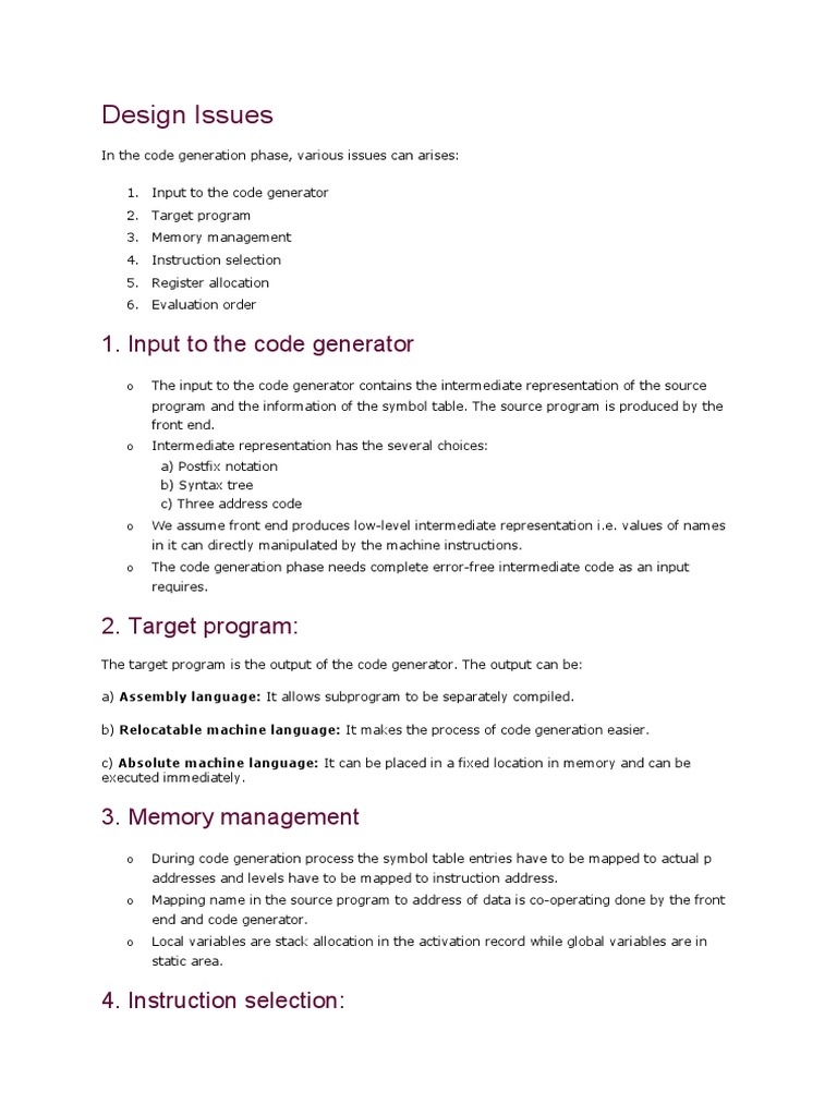 Design Issues: 1. Input To The Code Generator | PDF | Computer Program | Programming