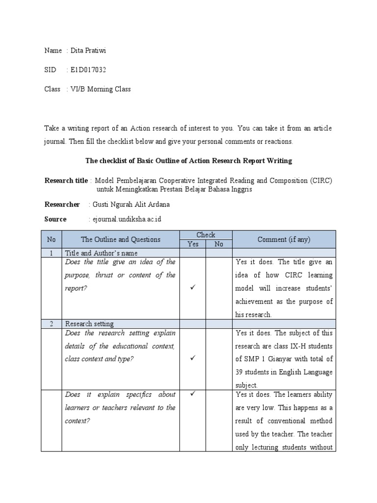Outline Checklist of Action Research | PDF | Teaching | Learning