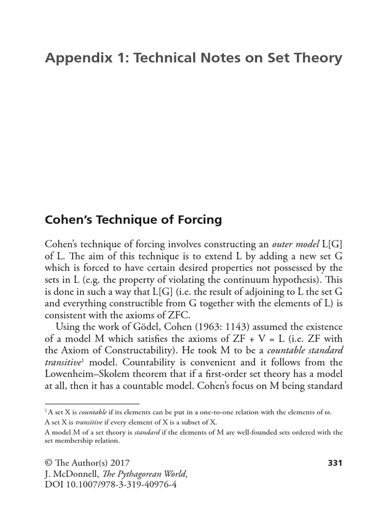 Appendix 1: Technical Notes On Set Theory: Cohen's Technique of Forcing ...
