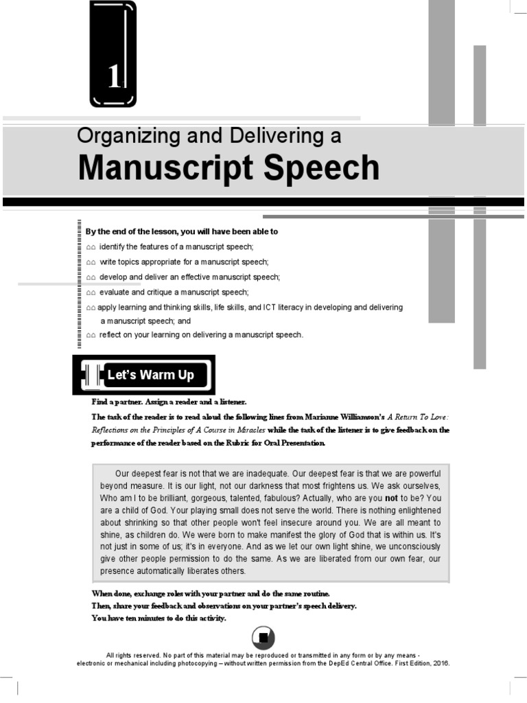 Manuscript Speech: Organizing and Delivering A | PDF | President Of The ...