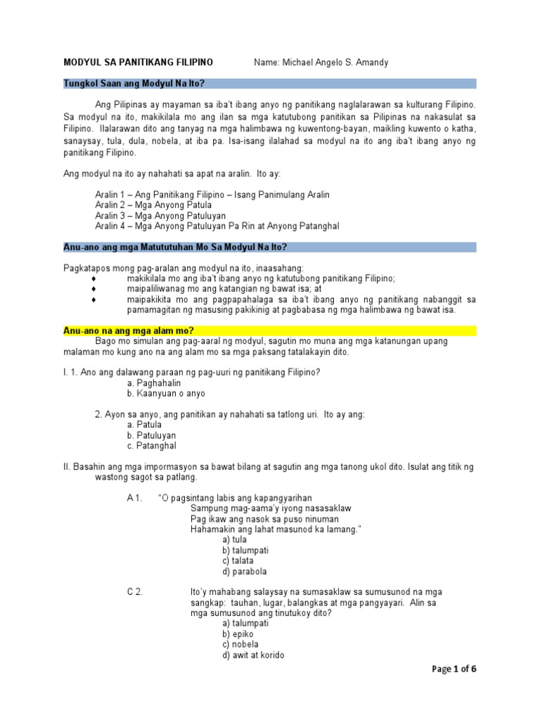 Part 1 Modyul Sa Panitikang Filipino | PDF